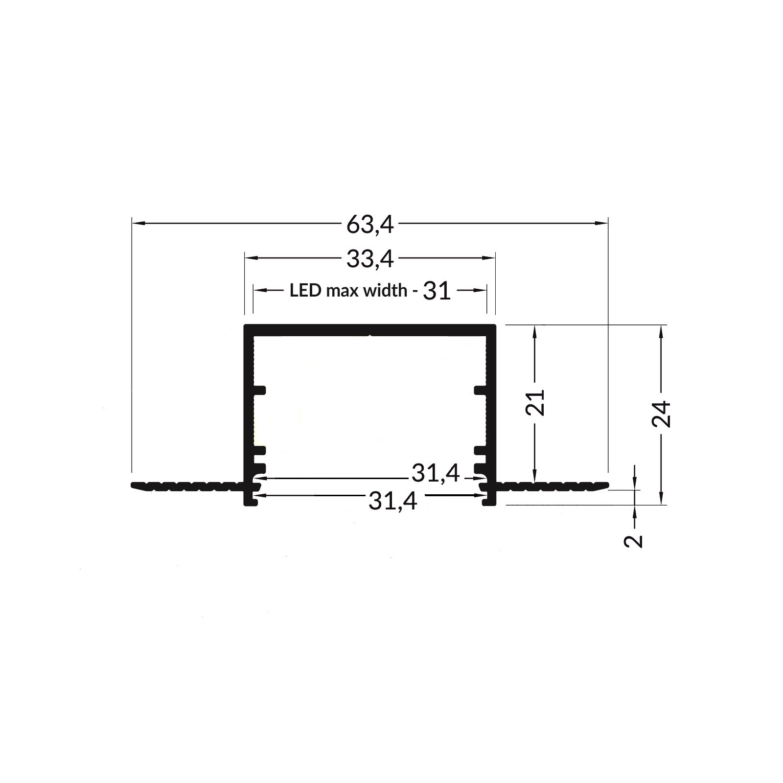 2m Alu-Ceiling Plaster-in LED profile C3 (raw ALU) with cover - C3 ...