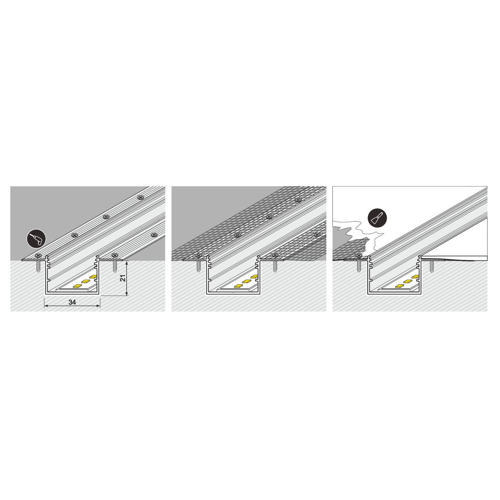 1m Alu-Ceiling Plaster-in LED profile C3 (raw ALU) with cover - C3 ...