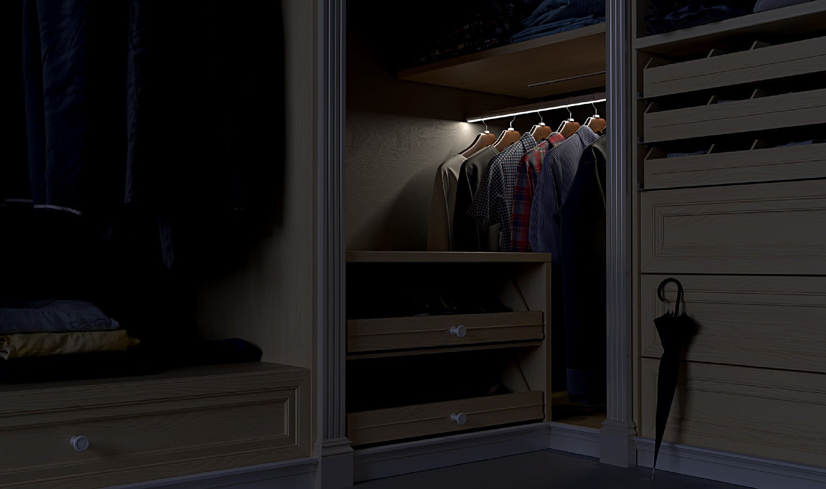 2m W2 Black Round Wardrobe Clothes Hanging Rail, LED profile, set with ...