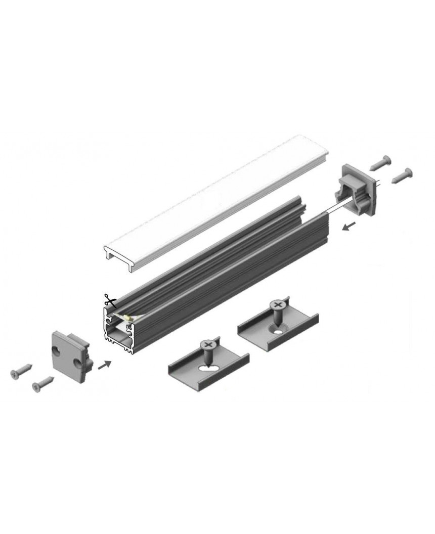 1m recessed floor LED profile T5 (anodized, silver), with opal cover ...