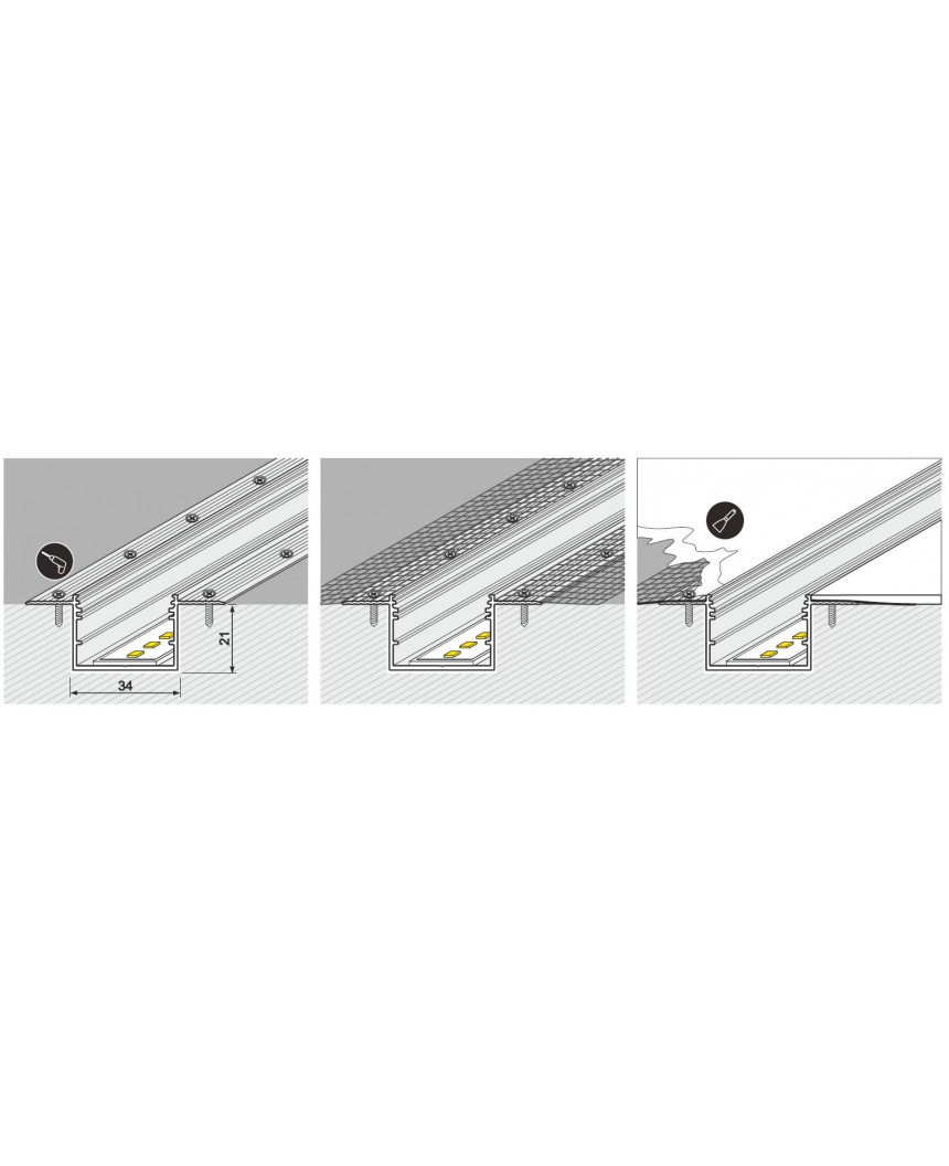 1m Plaster-in LED profile C3M (raw ALU) for plaster boards with cover ...